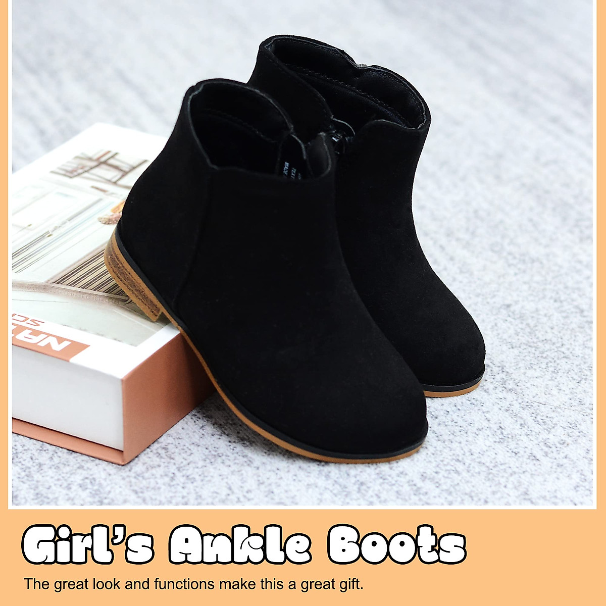 LseLom Girls Boots Ankle Boots for Girls with Zipper Short Suede Booties Fashion Boots for Big/Little Kids Black US 2