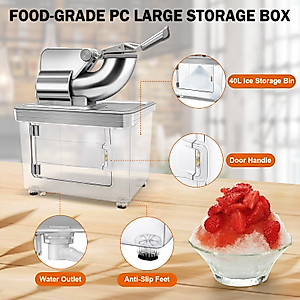 Commercial Ice Crusher 480lbs/hr, 350W Electric Ice Shaver Snow Cone Machine with Dual Blades, 40L Large Storage Bin, Stainless Steel Shaved Ice Machine for Home, Restaurants, Bars, Shops, Party