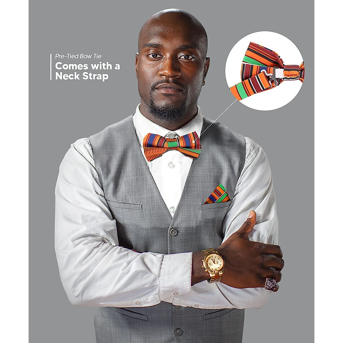 Vittorio Farina Premium African Kente Pre-Tied Bow Ties & Pocket Square Set for Men (Kente #1)