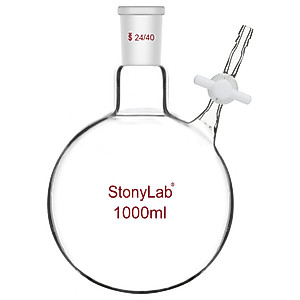 stonylab Reaction Flask, Borosilicate Glass Single-Neck Reaction Flask with 24/40 Joint and PTFE Stopcock Valve Round Bottom Flask, 1000 ml