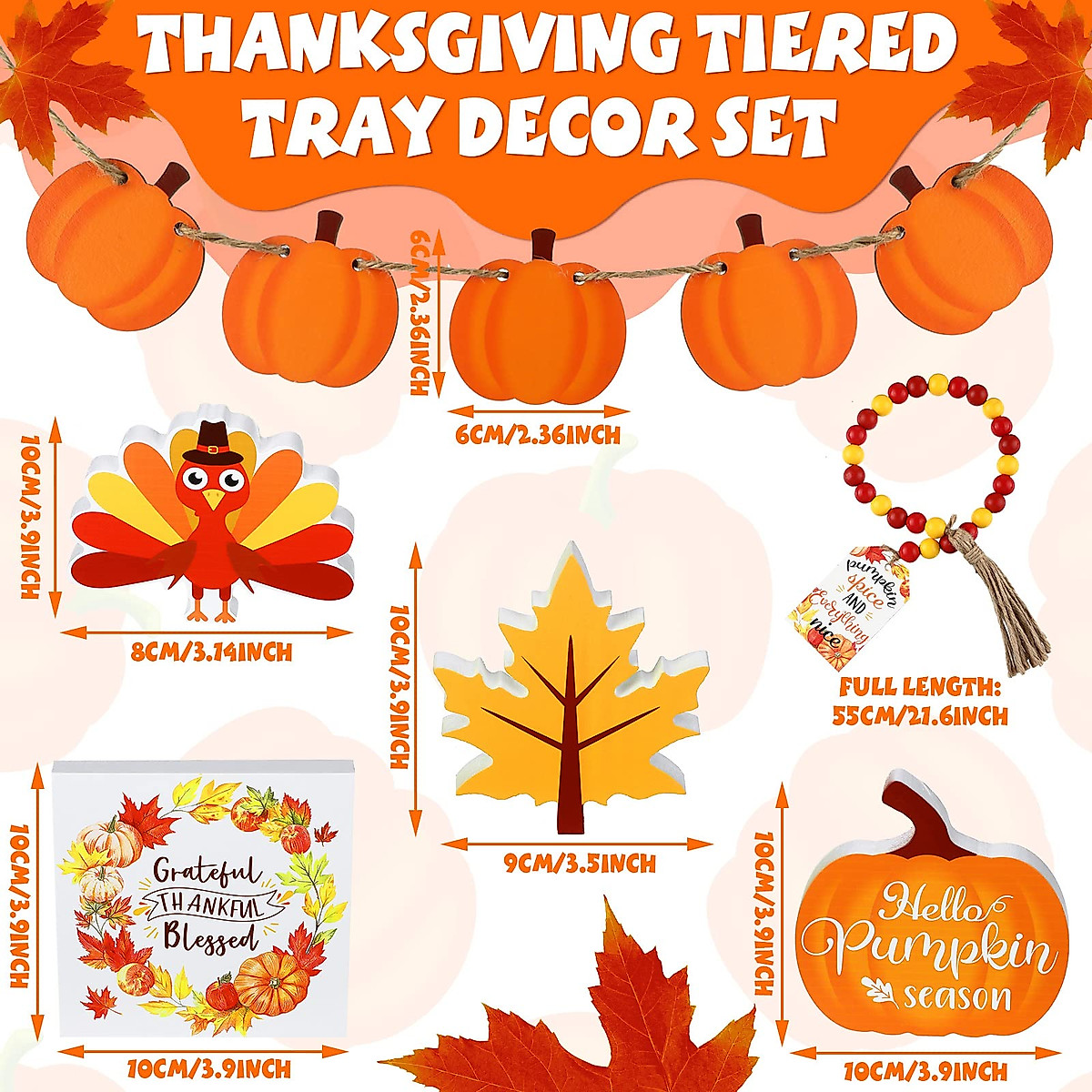 10-Piece Fall Tiered Tray Decor - Rustic Farmhouse Tray Decor with Pumpkin Wooden Signs, Turkey Table Centerpieces, Wood Bead Garland, Harvest Wood Blocks for Thanksgiving & Home Wall/Door (Pumpkin)