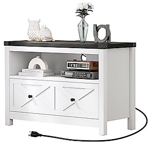 YITAHOME Wood File Cabinet with Charging Station, Drawer Filing Cabinet Cart, Farmhouse Nightstand Printer Stand for Home Office, Bedroom, Living Room, Entryway, Black & White