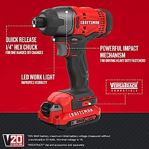 CRAFTSMAN V20 Cordless Impact Driver Kit, 1/4 inch, 2 Batteries and Charger Included (CMCF800C2)