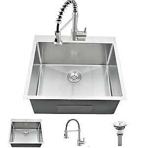 WMXQX 25 Inch Drop In Utility Sink with Faucet, 25"x22"x12" Drop In Laundry Sink Laundry Utility Sink 16 Gauge Stainless Steel Utility Sink 12" Deep Single Bowl Laundry Room Sink
