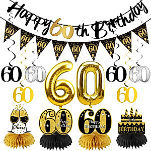 Guiruiy 13PCS 60th Birthday Decorations for Men Women, Black Gold Happy 60 Birthday Banner Centerpieces Swirls Balloons Kit Party Supplies, Sixty Years Old Bday Ceiling Table Topper Decor