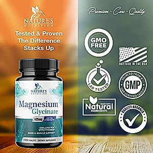 Magnesium Glycinate 425 mg with Calcium - Max Absorption Magnesium Tablets for Muscle, Nerve, Bone & Heart Health Support - Vegan, Non-GMO, Gluten Free Nature's Nutrition Supplement - 120 Tablets