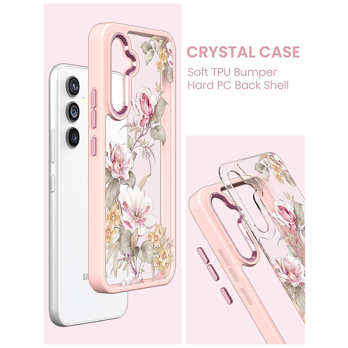 DagoRoo for Samsung Galaxy A54 5G Case with Tempered Glass Screen Protector [2 Pack],[Military Grade Protective] Slim Soft TPU & Hard PC,Girls Women Crystal Clear Flower Pattern Case-Ranunculus/Pink