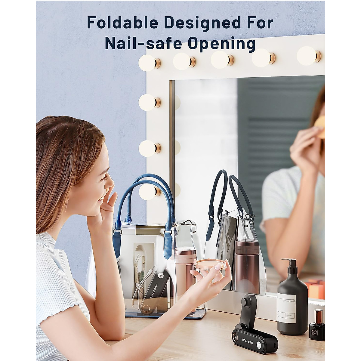 SWEETFULL Portable Handheld Mini Fan with LED Display, 2-in-1 Personal Foldable USB Rechargeable Hand Held Fan & Flashlight for Travel, Lash Eyelash, Cute Small Pocket Fan for Women, Girls