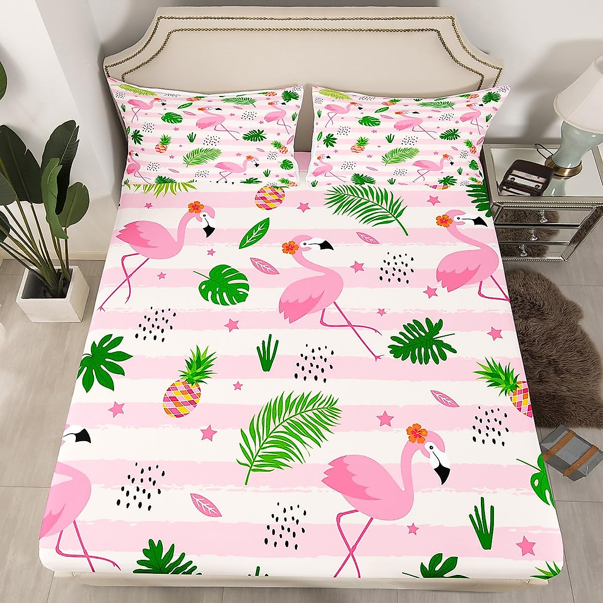 Feelyou Pink Flamingo Bed Sheet Set Full Size, Tropical Flamingo Fitted Sheet Flamingo Bedding Set Plam Leaves Bed Cover with 2 Pillow Case (No Flat Sheet)