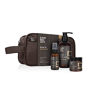 Every Man Jack Mens Sandalwood Beard Set - Perfect for Every Guy - Includes Full-Sized Grooming Essentials - Beard + Face Wash, Beard Oil, Beard Butter + Dopp Bag