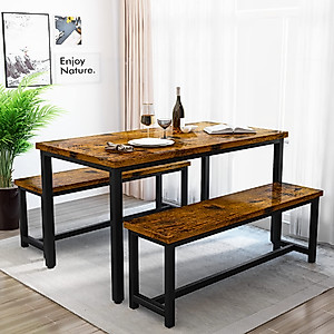 Recaceik Dining Table Set for 4 Kitchen Table Set with 2 Dining Benches, 3 Piece Farmhouse Dining Room Table Set Industrial Breakfast Nook Table Set for Small Space, Apartment, Rustic Brown