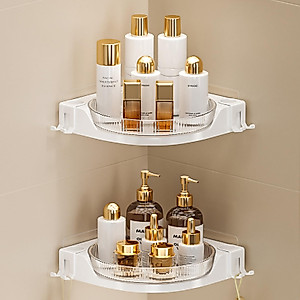 Corner Shower Caddy，360° Lazy Susan Rotating Corner Shower Shelf，2 Pack Shower Organizer with Hooks for Bathroom Storage, No Drilling Wall Mounted Shower Storage,Kitchen Corner Organizer Storage