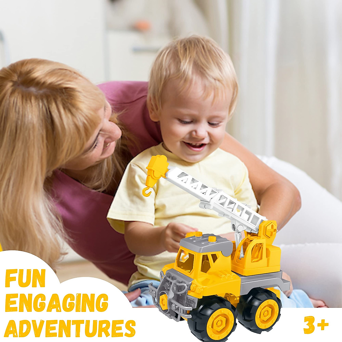 Construction Trucks Take Apart Toys for Kids Age 3-5 Toddlers Set of 3 Vehicles Excavator, Crane, Dump Truck Toy with Screwdriver and Drill Stem Educational Birthday Gift for 2 3 4 5 Year Old Boys