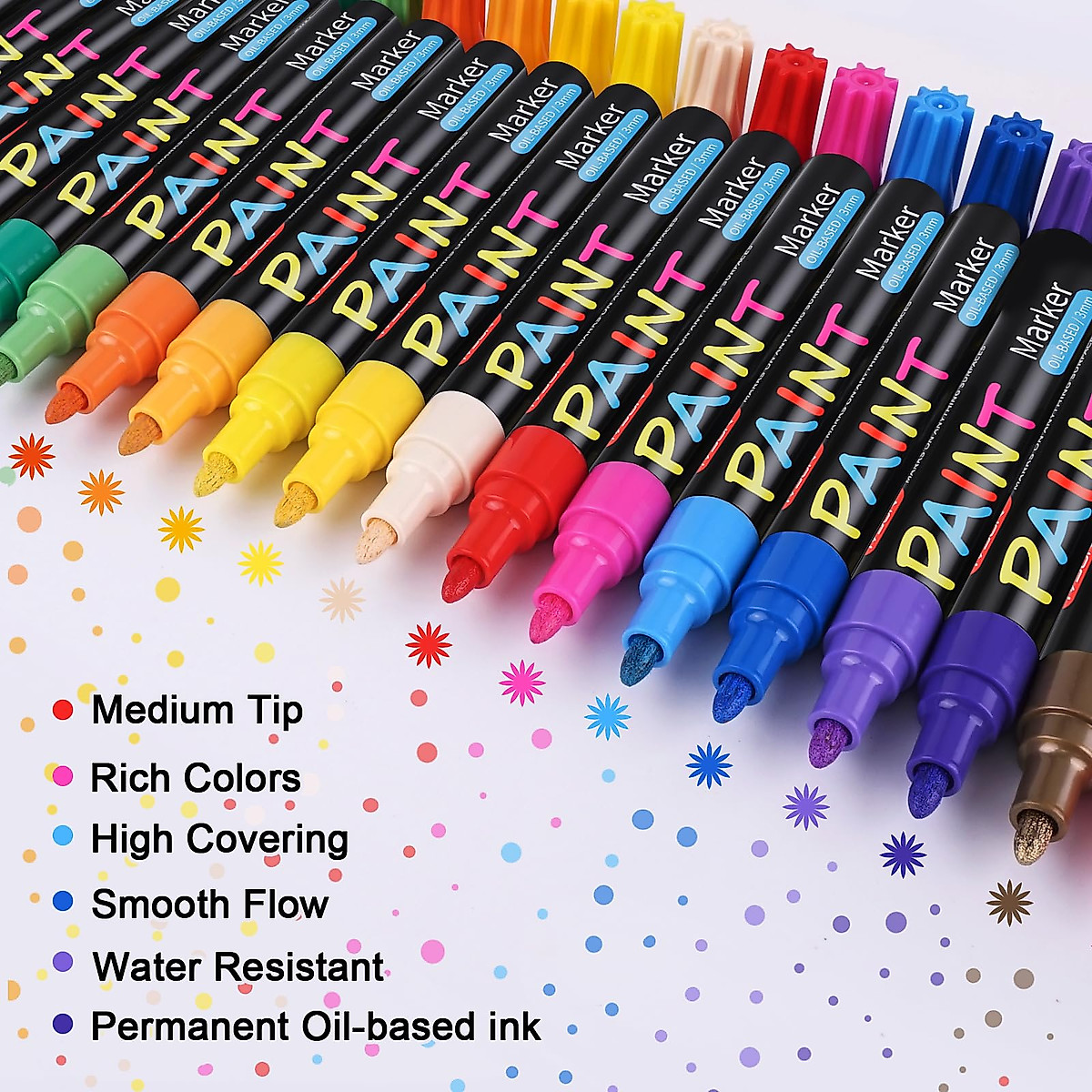 IVSUN Paint Pens Paint Markers, 20 Colors Oil-Based Waterproof Paint Marker Pen Set, Never Fade Quick Dry and Permanent, Works on Rocks Painting, Wood, Fabric, Plastic, Canvas, Glass, Mugs, DIY Craft