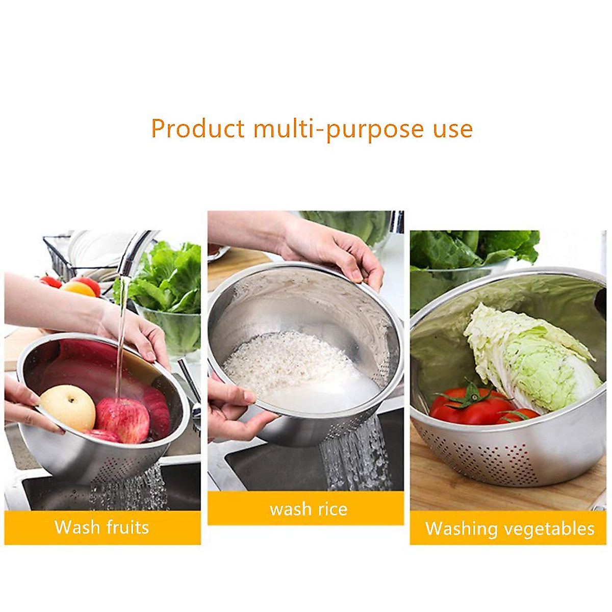 YUDONG Stainless Steel Rice Washing Bowl,With Side Drainer Stainless Steel Large Capacity Fruit Vegetables Practical Washing Bowl Kitchen Supplies Rice Sieve Durable