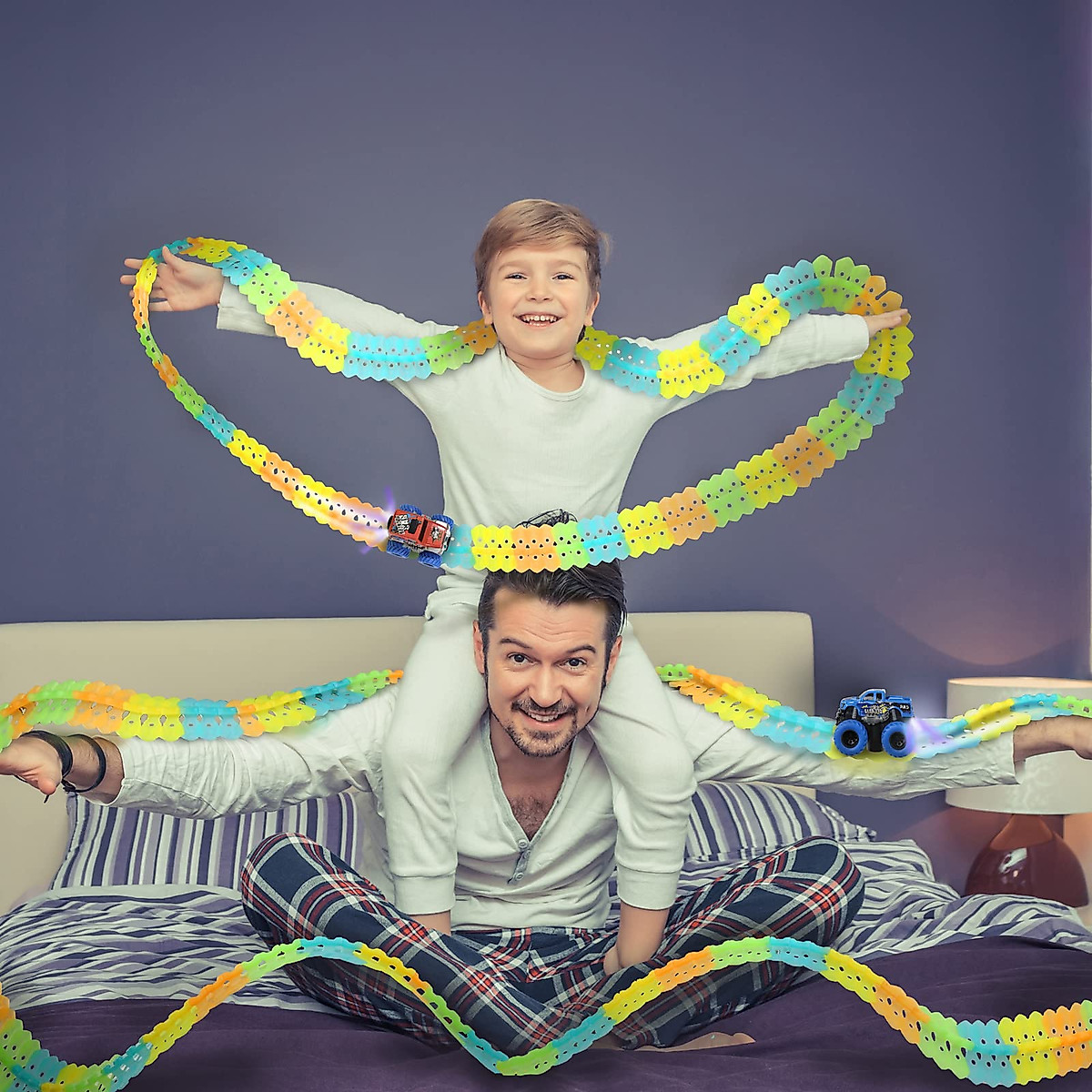 Race Track for Boys and Kids, 240PCS Flexible Changeable Magic Car Tracks Glow in The Dark, Toys for 3 4 5 6 Year Old Boys Girls with LED Light Up Race Car, Best Christmas Birthday Gifts