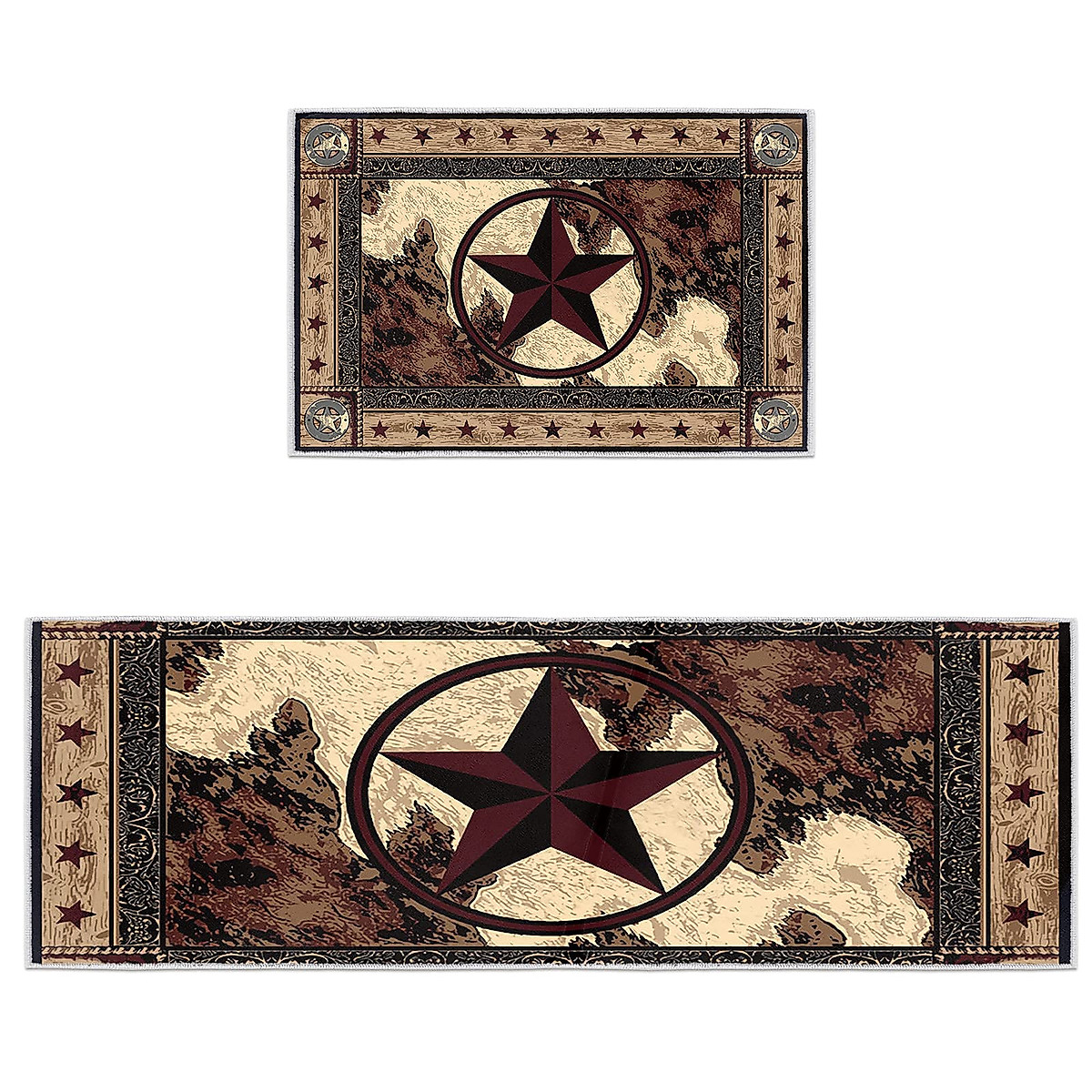 Western Kitchen Runner Rug Sets 2 Piece, Rustic Texas Star Absorbent Bathroom Rugs, Farmhouse Floor Mats Retro Brown Beige Non-Slip Door Mat for Bedroom/Hallway/Laundry, 15.7"Wx23.6"L+15.7"Wx47.2"L