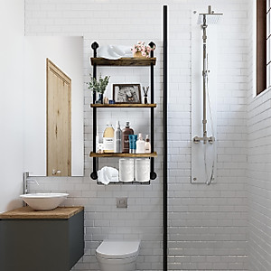 GILPWA 3-Tier Bathroom Shelves, Wall Mounted Floating Shelves with Basket, Easy Assemble Industrial Pipe Shelving, Anti-Rust Wall Shelves for Barhroom Living Room, Kitchen, Bedroom, 44.5 * 16.9 inch