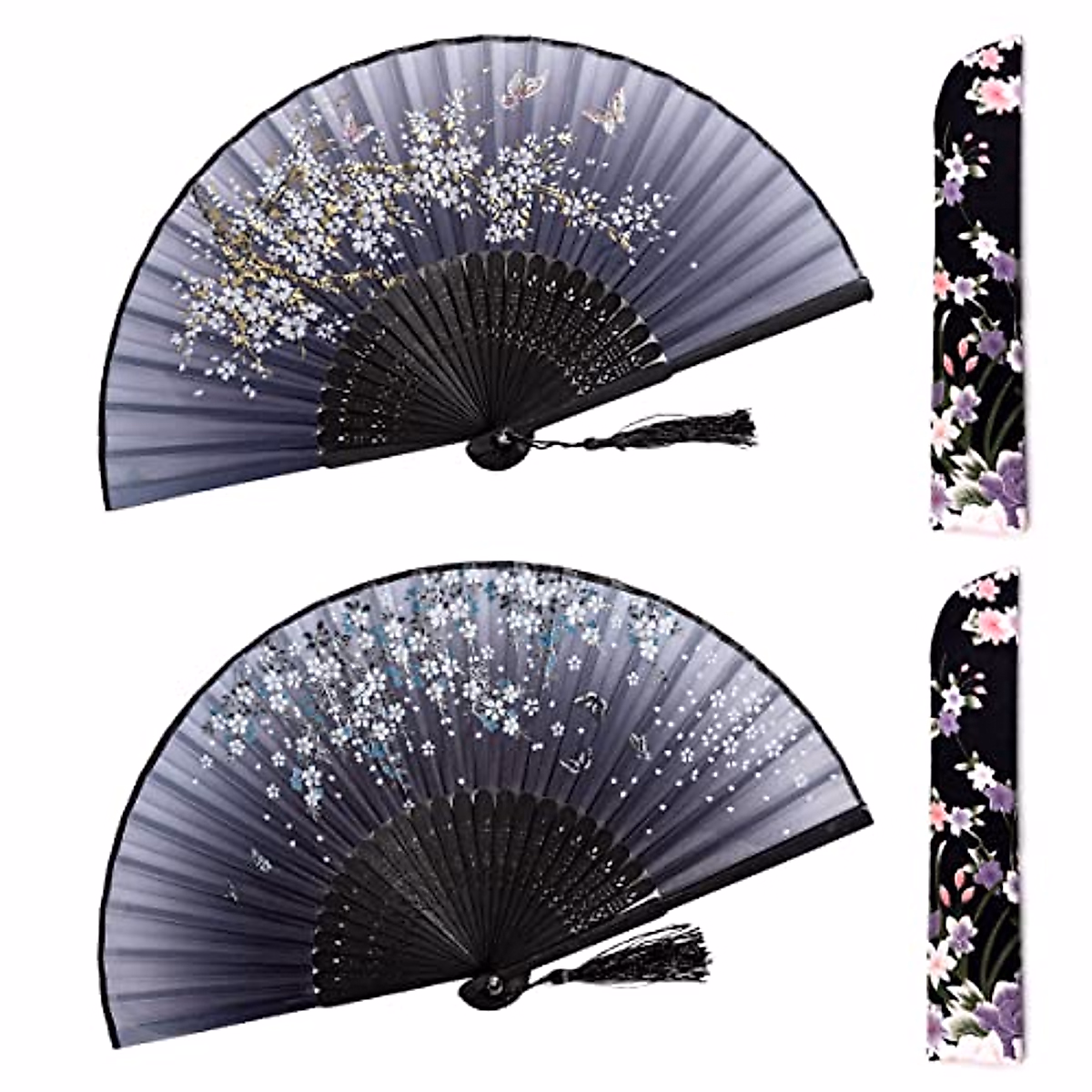 Amajiji Small Folding Hand Fans, Stay Cool and Stylish with Bamboo Handheld Silk Fans - Perfect for Hot Flashes, Music Festivals, Parties, Performances, and Gifts (Double Black Sakura)