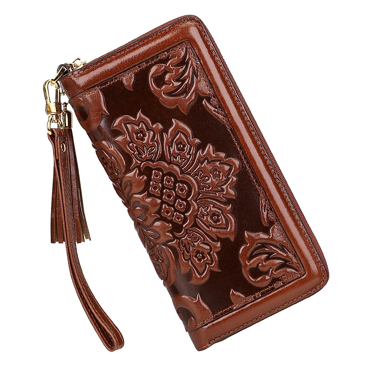 PIJUSHI Leather Wallets For Women Floral Wristlet Wallet Card Holder Purse (91853 Brown)