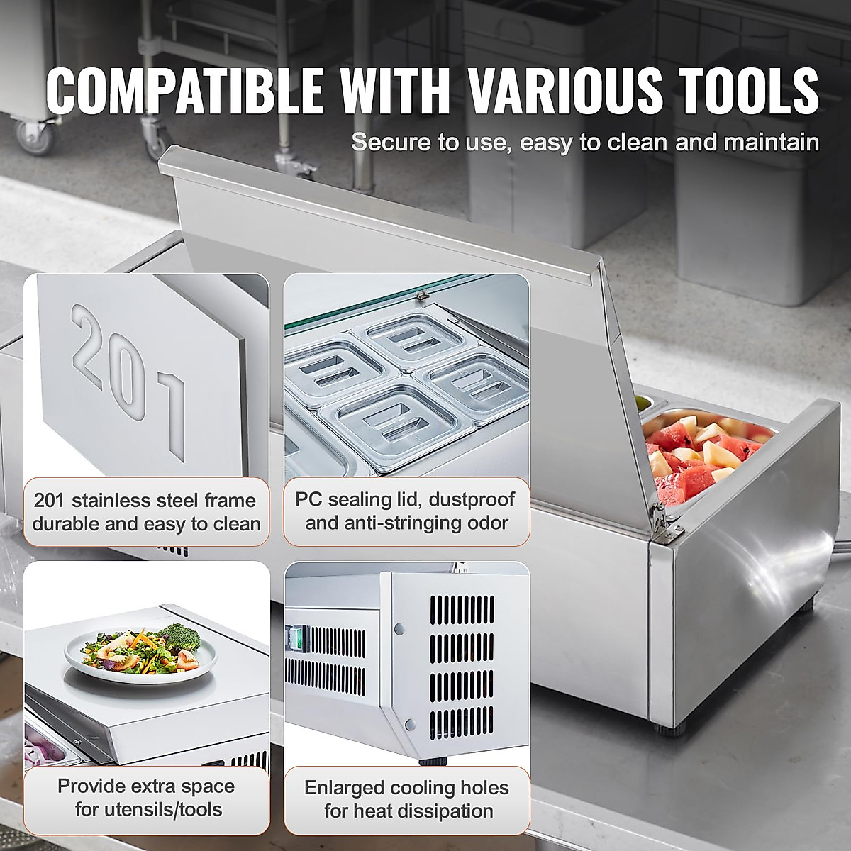 VEVOR, 130 W Countertop Refrigerated Condiment Station, with 1 1/3 4 1/6 Pans, 304 Body and PC Lid, Sandwich Prep Table Guard, ETL, Stainless 40in, Silver