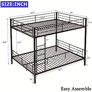 Aooppec Upgraded Version Stronger Metal Queen Size Bunk Bed, Industrial Style Queen Over Queen Bunk Bed Frame with Ladders & Guard Rails for Kids Girls Boys and Adults (Easy Assemble)