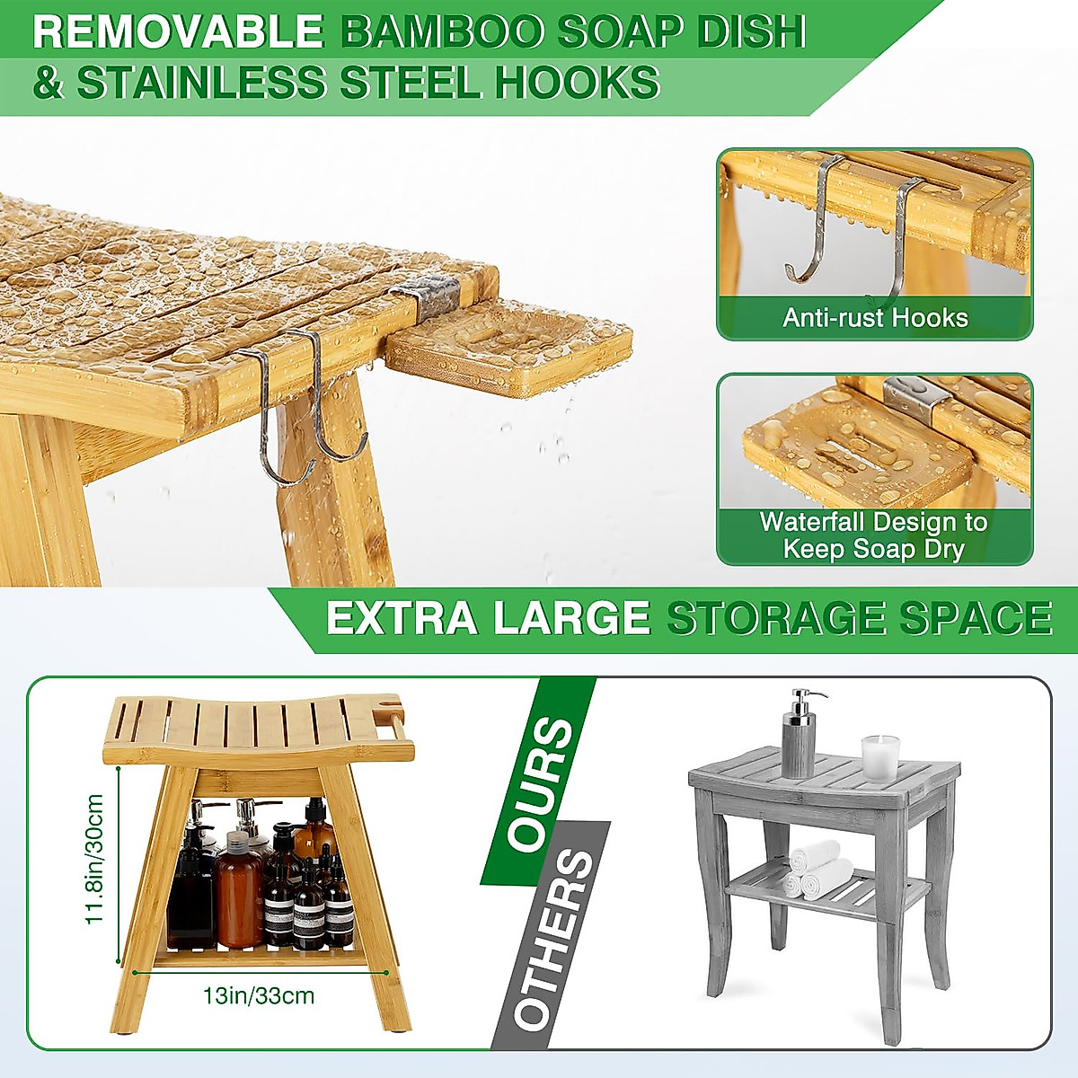 ETECHMART Bamboo Shower Bench Seat, A-Shaped Bath Spa Stool with Storage Shelf for Legs Shaving Inside Shower or Bathroom, Waterproof Wooden Shower Chair for Seniors Adults Disabled Elderly, Bamboo