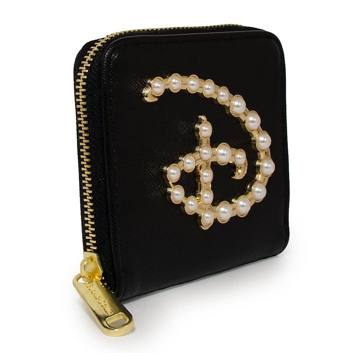 Disney Wallet, Square Zip Around, Disney Signature D Logo Faux Pearl Gold, Black Vegan Leather