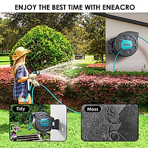 ENEACRO Retractable Garden Hose Reel with Wall Mount 1/2"×120ft with 10 Pattern Hose Nozzle, Brass Connector, Auto Rewind/Any Length Lock/ 180° Swivel Bracket, Ideal for Garden Watering