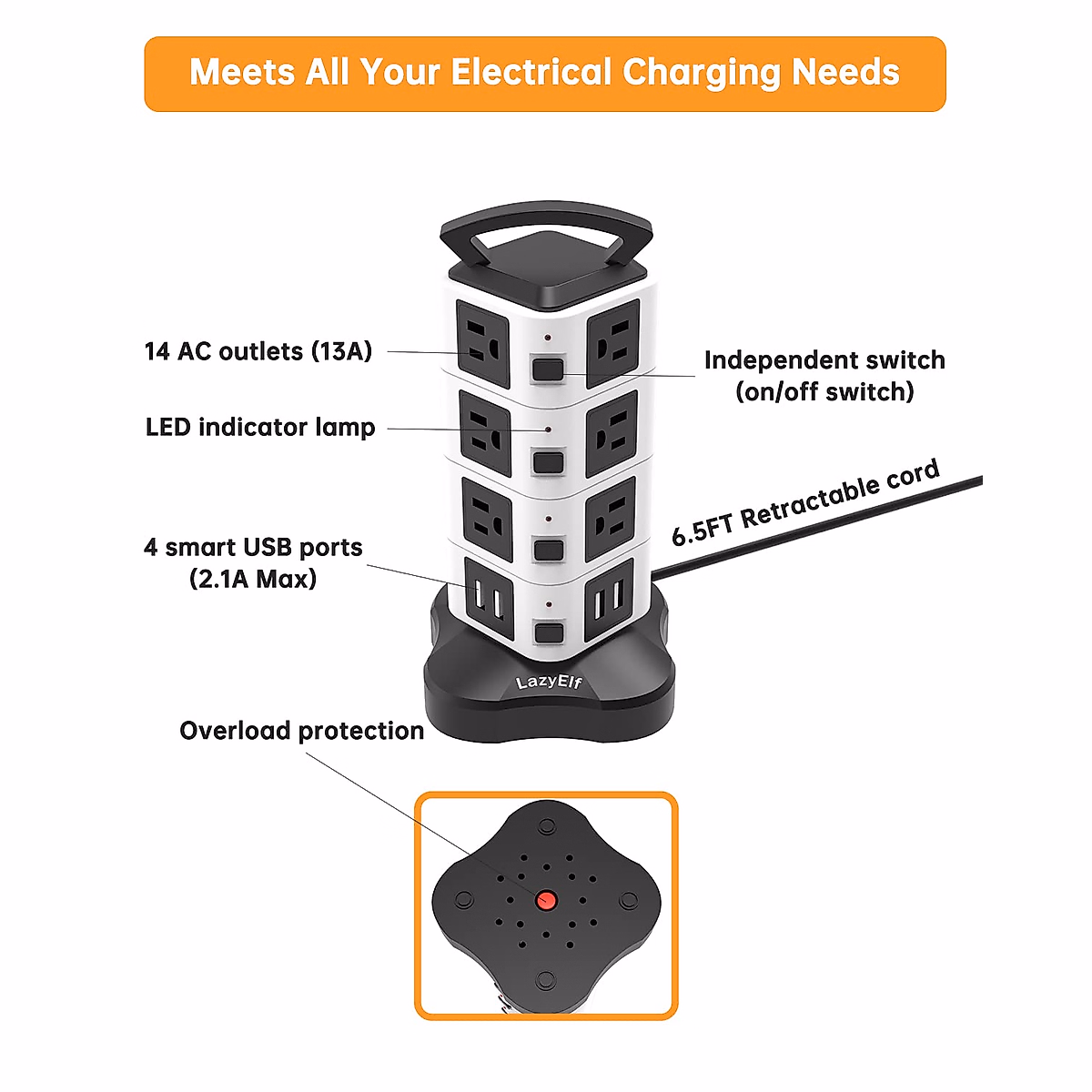 Surge Protector Power Strip Tower with Night Light, Lazy Elf Extension Cord 8 AC Multi Smart Plug Outlets with 4 USB Ports, Flat Plug Outlet (White)