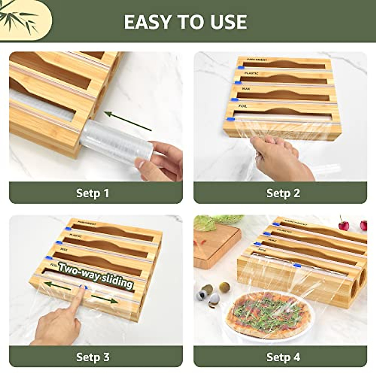 4 in 1 Foil and Plastic Wrap Organizer, WEIFA Wrap Dispenser with Cutter for Drawer and Kitchen Storage, Holder for 12" Roll Plastic Wrap, Aluminum Foil, Wax, Parchment.