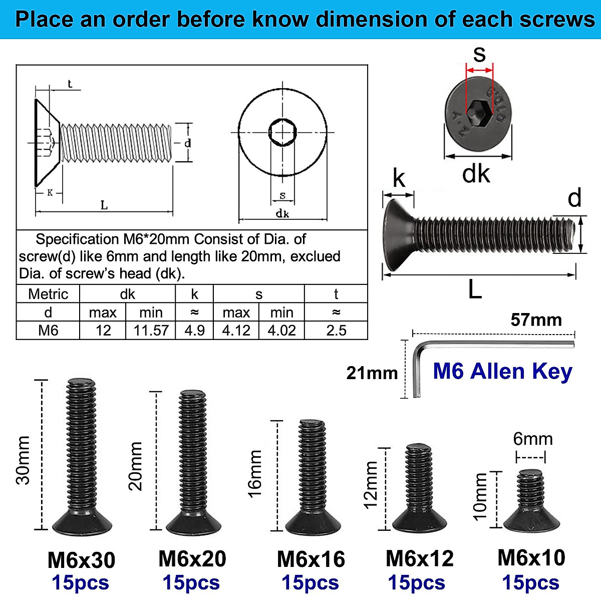 HanTof 75PCS Flat Head Hex Socket Cap Screw Bolt, Grade 10.9 Alloy Steel, M6 x 10/12/16/20/30mm SCK Allen Head Hex Drive Machine Screw Set with Hex Key, Black Oxide Finish, Fully Threaded Pitch: 1.0mm