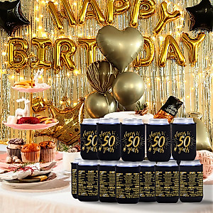 Happy 50th Birthday Decorations for Men Women, 50th Birthday Party Supplies, Vintage 1974- Fifty Birthday Party Beverage Can Cooler Sleeves, 12-Pack, Black & Gold