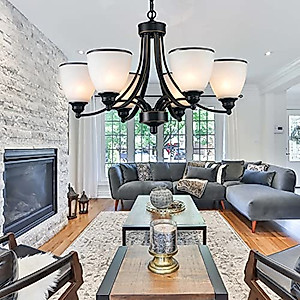 Laihezz 6-Light Large Chandelier，26" Contemporary Alabaster Glass Shades Oil Rubbed Bronze Lamps Ceiling Hanging Adjustable Light Fixtures Rustic for Dining Room Bedroom Living Room