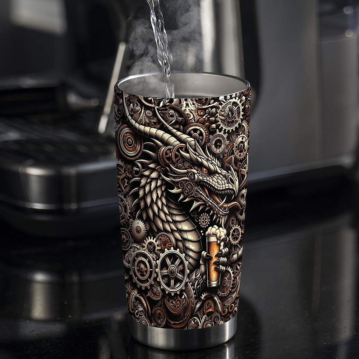 64HYDRO 20oz Steampunk Mechanical Engineer Clockwork Dragon Tumbler, Gaming, Gamer Gifts for Dragon Lovers, Stainless Steel Double Wall Vacuum Insulated Coffee Mug, Travel Cup with Lid