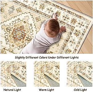 Roxstand Washable Rugs 8x10, Ultra-Thin Non-Slip 8x10 Area Rugs for Living Room, Soft Vintage Large Area Rug, Foldable Farmhouse Bedroom, Dining Room Rug (Light Brown/Beige, 8'x10')