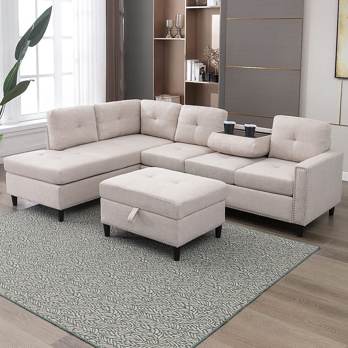 ZAFLY 101" Sectional Couch, L Shaped Sofa with Storage, Convertible Sofá 4-Seat with Reversible Chaise, Living Room Fabric Sofa Sets with Cup Holders -Beige