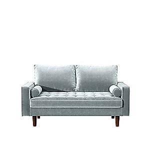 Container Furniture Direct Womble 58 Inch Velvet Loveseat Sofa with Elegant Button Tufted Upholstery, Square Arms, Splayed Wood Legs, Includes Matching Bolster Pillows, Steel Blue