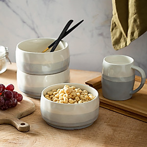 DOWAN Soup Bowls, Ceramic Cereal Bowls, 23 OZ Bowls for Fruit, Salad, Ramen, Ice Cream, Dessert, Side Dishes, Dishwasher & Microwave Safe, Chip Resistant, Set of 4, Light Blue & White