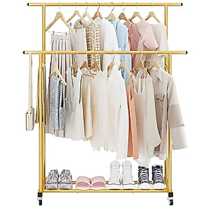 Calmootey Double Rod Clothing Garment Rack,Rolling Hanging Clothes Rack,Portable Clothes Organizer for Bedroom,Living Room,Clothing Store,Gold
