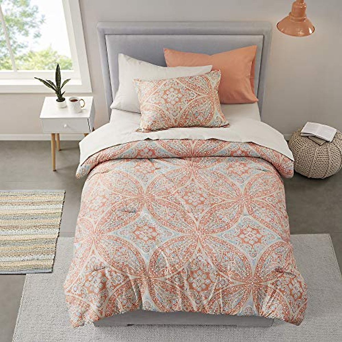 Comfort Spaces Bed in A Bag - Trendy Casual Design Cozy Comforter with Complete Sheet Set with Side Pocket, All Season Cover, Matching Shams, Twin(66"x90"), Gloria, Damask Coral 6 Piece