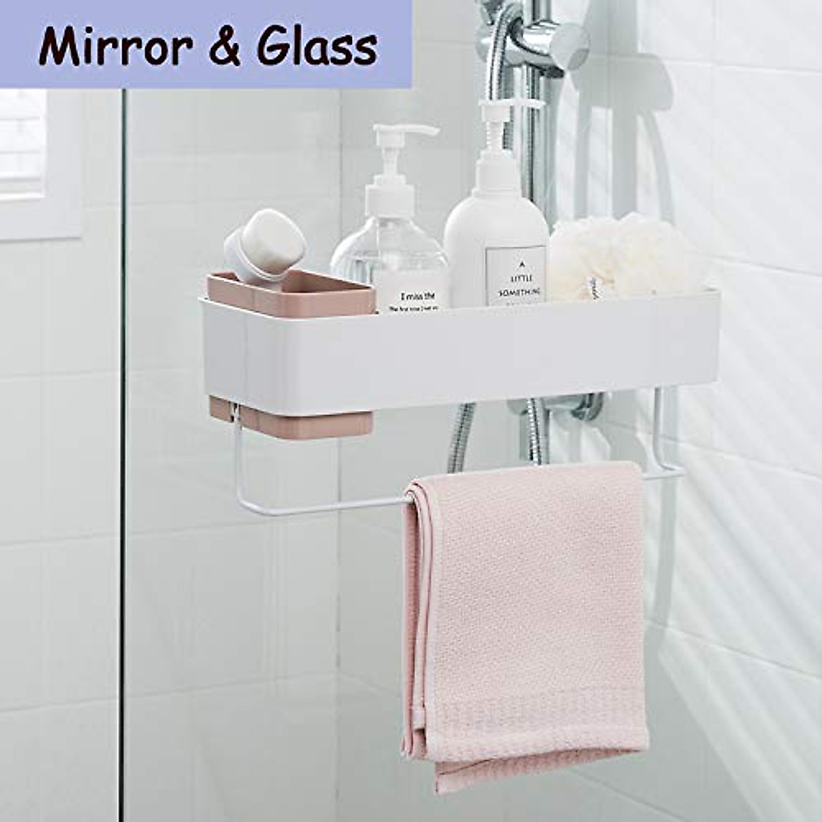 MORNITE Adhesive Bathroom Wall Caddy, Bathroom Shower Rrganizer Hanging Shelves No Drilling Shampoo Holder Pink