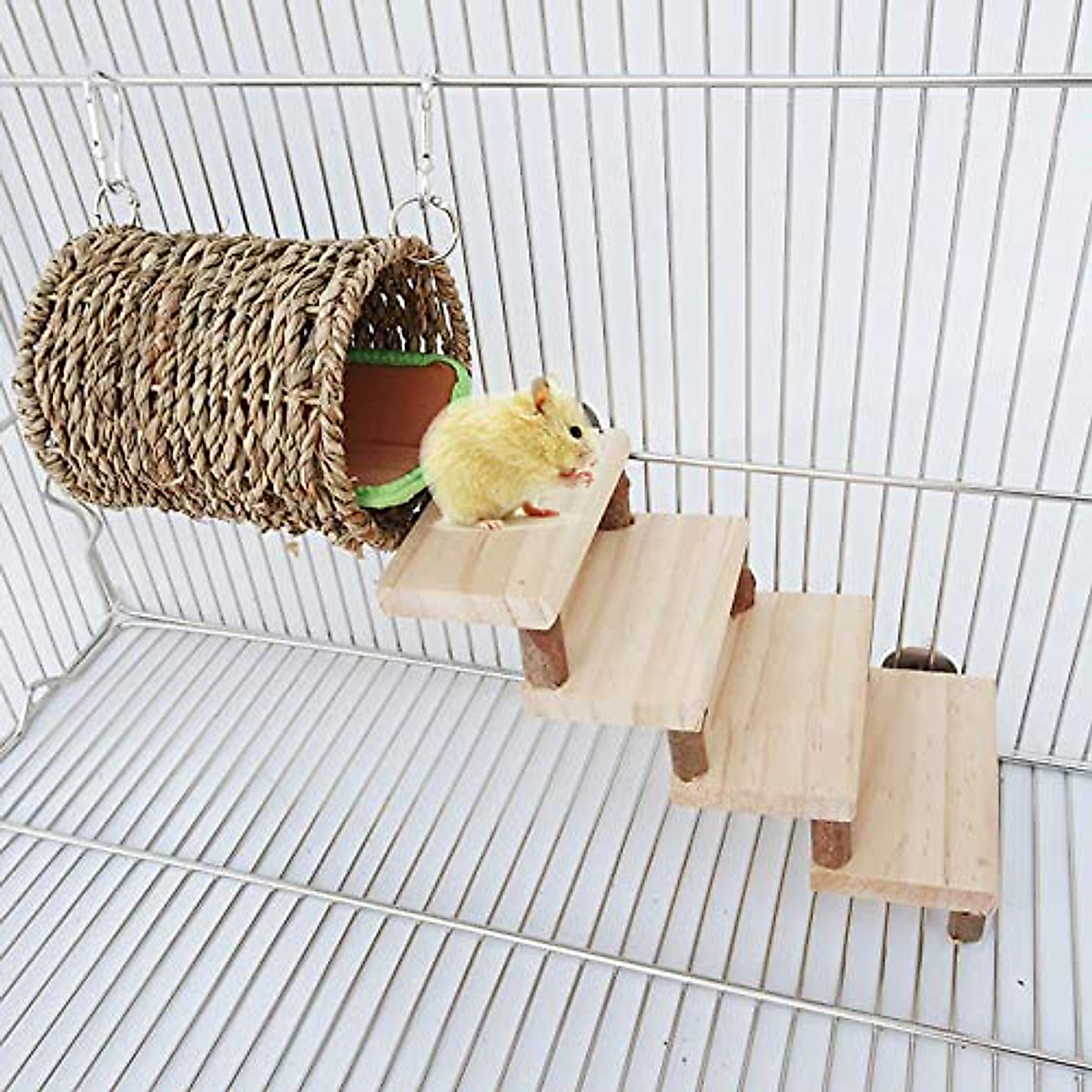 Hamster Wooden Hideout with Stairs and Pads, Cage Habitat Decor for Syrian Hamster, Birds, Rats, Mouse, Dwarf Sugar Glider, Gerbils, Hedgehog, Small Pets Resting, Sleeping & Playing Tube