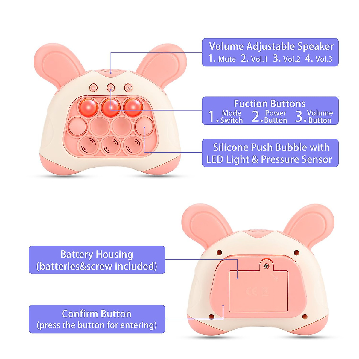 Hdcaravan Upgraded Handheld Quick Push Game for Kids 6-12, Sensory Fidget Toys for Kids 8-12, Party Favors Puzzle Pop Bubbles Birthday Gifts for 6 7 8 9 Year Old Boys Girls Teens Adults (Bunny-Pink)