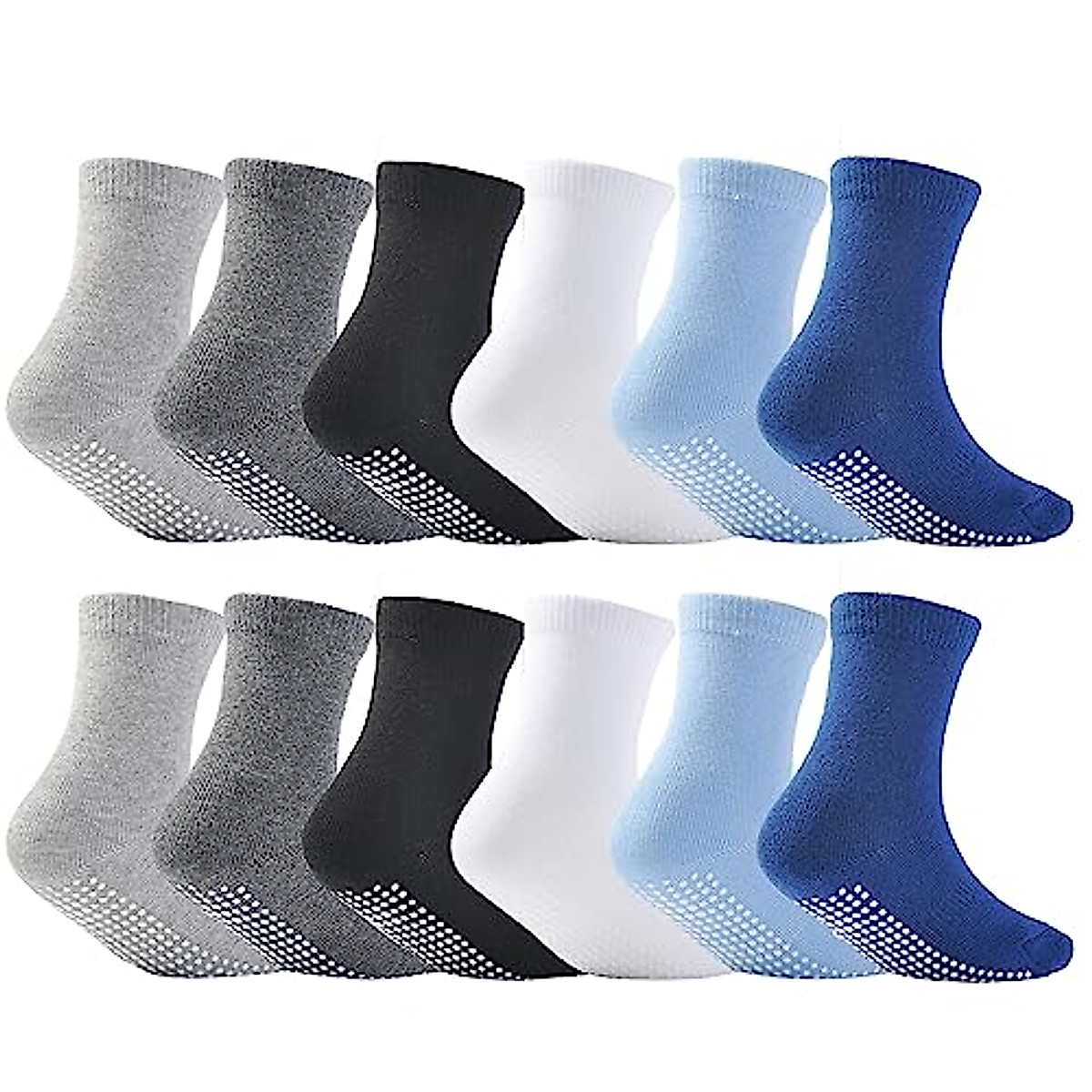EPEIUS Baby Anti Slip Crew Socks 12 Pack with Grips for Toddlers Little Boys Girls Infants Kids Non Skid Value Pack,12-36 Months Black/White/Grey/Blue