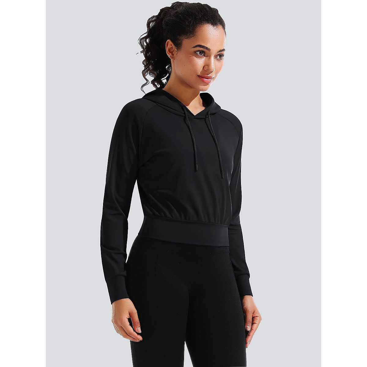 CADMUS Women's Workout Long Sleeve Shirts with Hoodie Sweatshirt Running Crop Top 2 Pack, Black, Navy Blue, Large