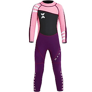 NATYFLY Kids Wetsuit, 2.5mm Neoprene Thermal Swimsuit, Full Wetsuit for Girls Boys and Toddler, Long Sleeve Kids Wet Suits for Swimming (New Pink-Girls Wetsuit-2.5mm, 4)