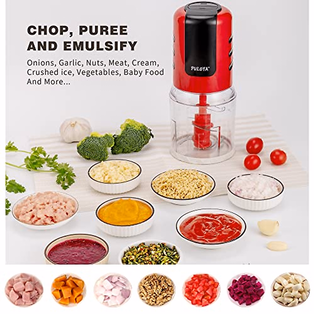 PULOYA Mini Food Processor 2-Cup Small Electric Food Chopper for Vegetables, Meat, Onion, Garlic, Fruits and Nuts, 2 Speed Plus Pulse, 400-Watt, Red