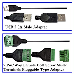 zdyCGTime USB 2.0 A Screw Terminal Block Connector Cable USB 2.0 A Male Plug to 5 Pin/Way Female Bolt Screw with Shield terminals Pluggable Type Adapter Connector Converter Cable（30CM/2Packs(Male)