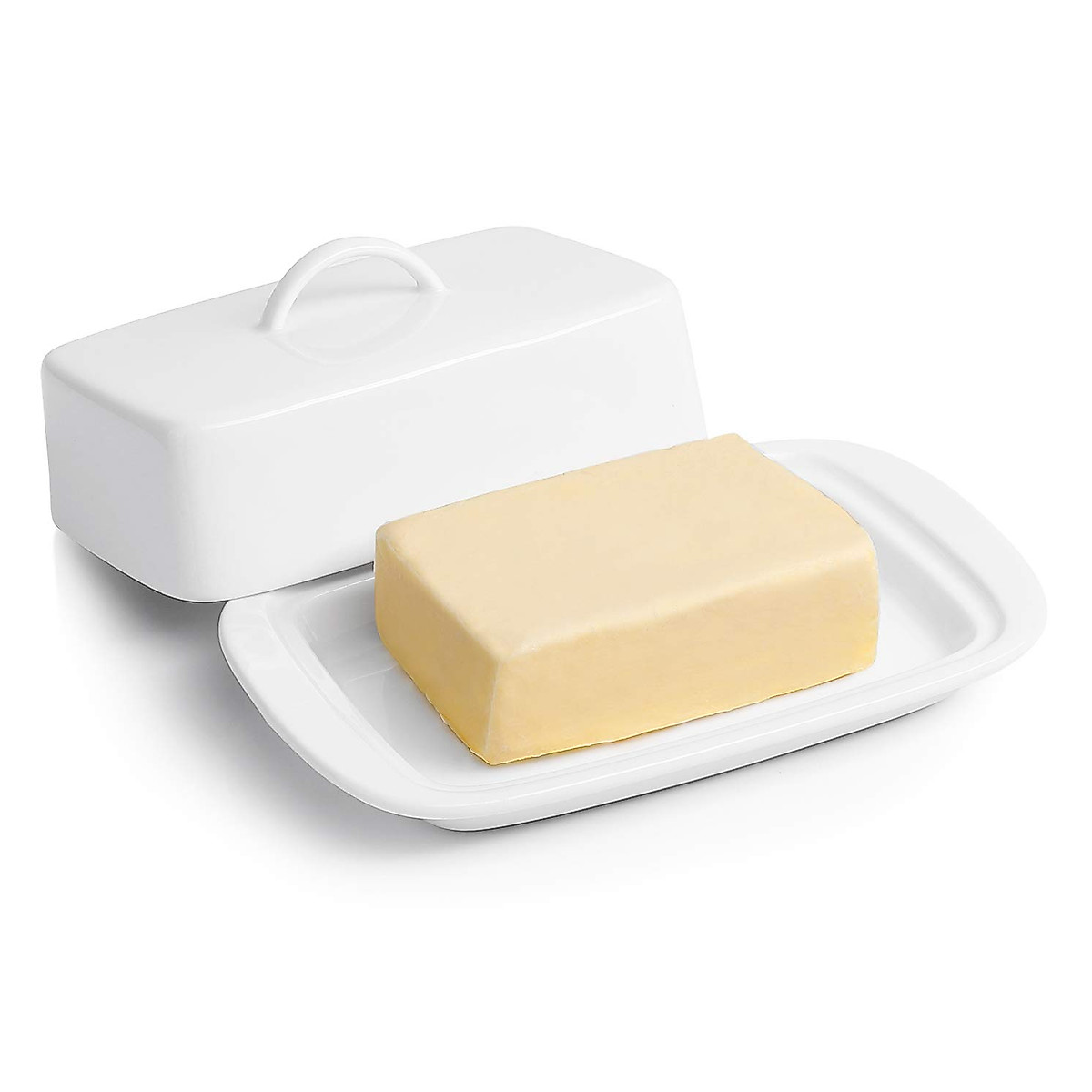 Sweese Large Butter Dish with Lid for Countertop, Porcelain 8oz Butter Keeper with Handle Cover Design, 7.7 Inch Butter Container Perfect for East/West Coast Butter, White
